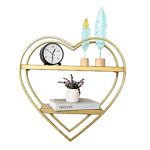 LiPengTaoHome Floating Shelves for Wall Heart-shaped Floating Wall Shelves 2 Tier Metal Wall Mounted Shelves Wall Shelf for Bedroom (Color : Gold, Size : 50 * 15 * 51cm)