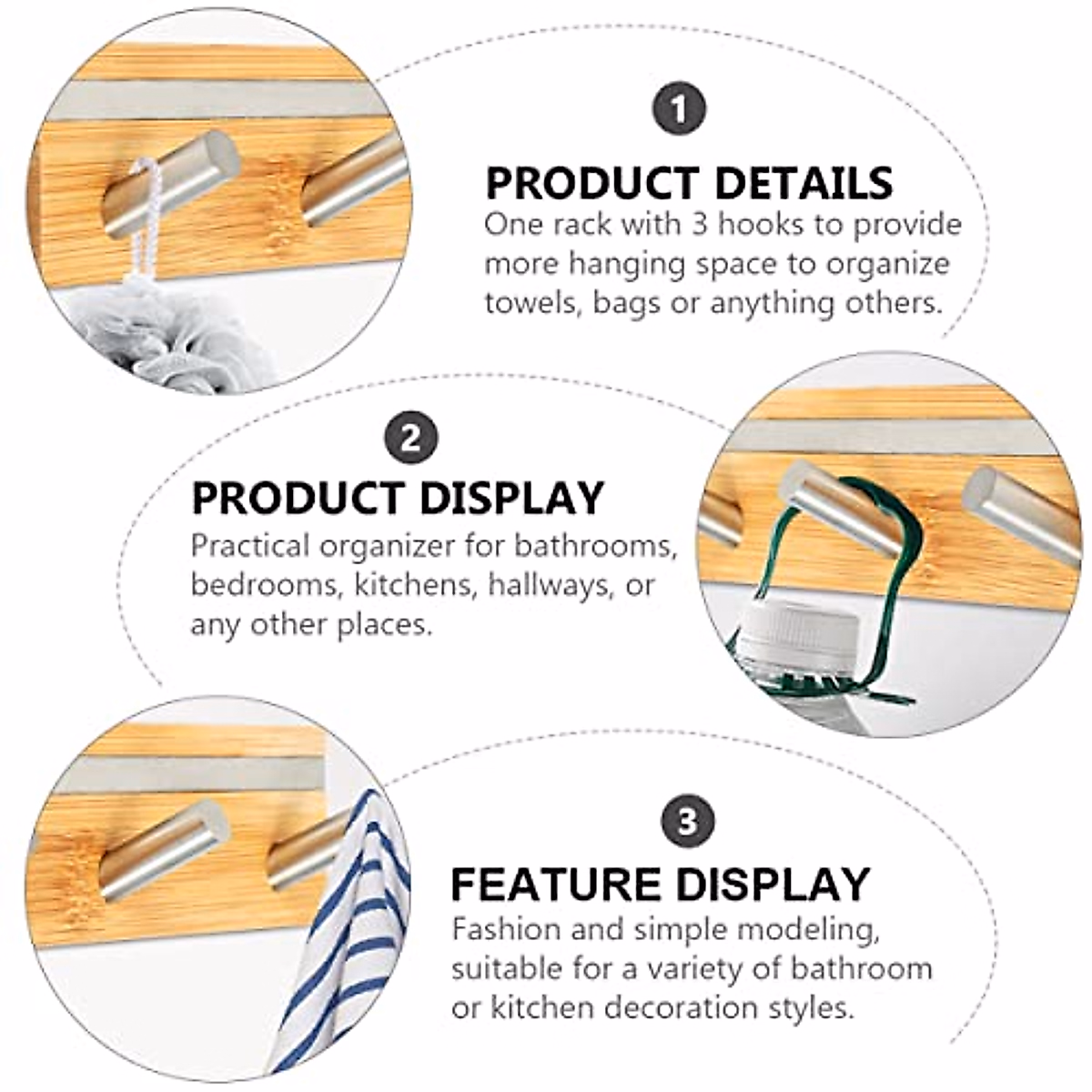 Bamboo Hook Wooden Bathroom Towel Coat Hooks Bathroom Towel Rail Rack Adhesive Rail Rack Hook Wall Mounted Wall Coat Rail Rack Hook Aisle Toilet Stainless Steel