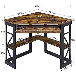 VECELO Corner Computer Desk Writing Smooth Keyboard Tray & Storage Shelves,Compact Home Office Triangle Table, Antique Brown