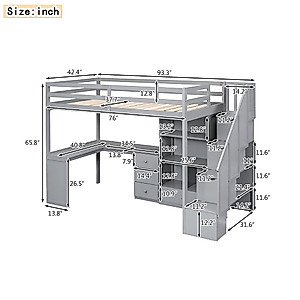 Wood Loft Bed Twin Size, Multifunctional Twin Bed Frame with L-Shaped Desk and Drawers, Cabinet and Storage Staircase, Gray