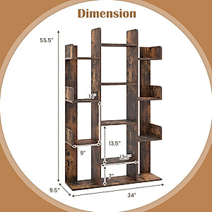 Giantex 7-Cube Tree Bookshelf, 55.5" Wooden Bookcase with 13 Open Shelves, Tall Corner Books Storage Organizer, Freestanding Decorative Display Cube Shelf for Living Room, Study (Rustic Brown)