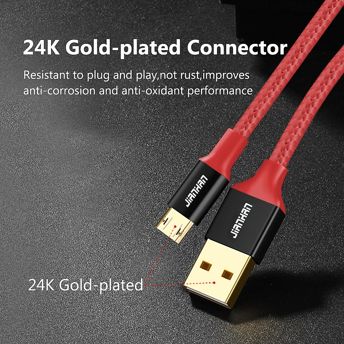 JianHan Reversible Micro USB Cable,[3-Pack] Braided Micro USB Charging Cable for Samsung Galaxy S7 S6 J7 Edge,Note 5,LG G3 G4,Kindle,PS4,Motorola,Android (1.5ft /3.3ft /6.6ft Red)