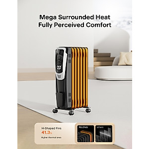 PELONIS Radiator Heater for indoor use Large Room with Remote, Thermostat & LED Display, Quiet Oil Filled Heater with 5 Temperature Settings, Overheat & Tip-Over Protection, Silver