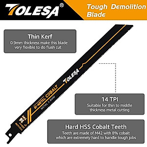 TOLESA Heavy Metal Cutting Reciprocating Saw Blades 9 Inch 14TPI Sawzall Blades for Metal Pipe, Sheet Metal, Rebar, Bi-Metal Sabre Saw Blades Better Wear Resistance for Metal Cutting 5 Pack