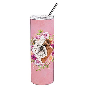 Caroline's Treasures CK4240TBL20 English Bulldog Pink Flowers Double Walled Stainless Steel 20 oz Skinny Tumbler, 20 oz, multicolor