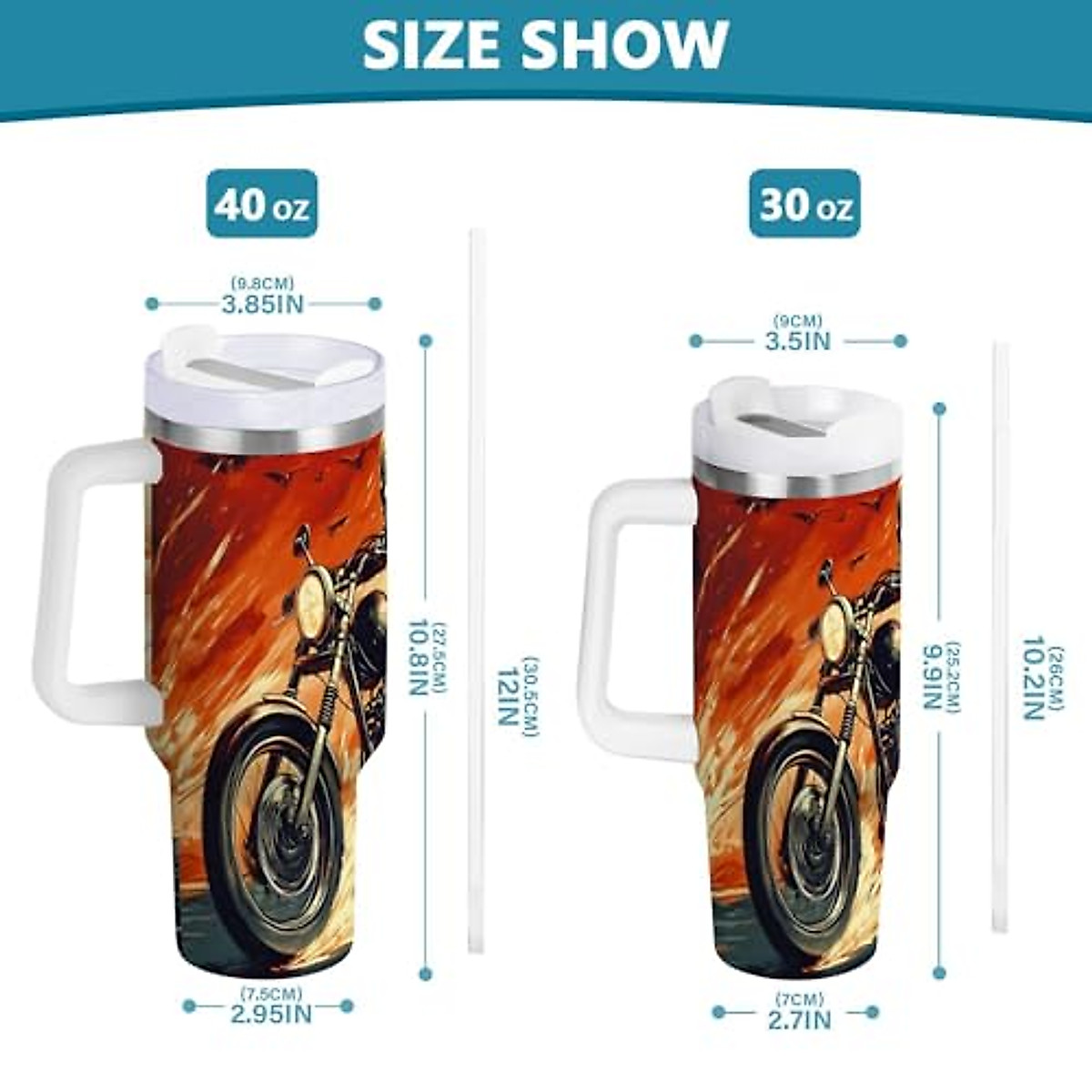 Jihqo Retro Skeleton Motorcycle 40 oz Stainless Steel Vacuum Insulated Tumbler with Handle and Straw Lid, Leakproof Water Bottle Double Wall Travel Mug Coffee Cup, Cupholder Friendly