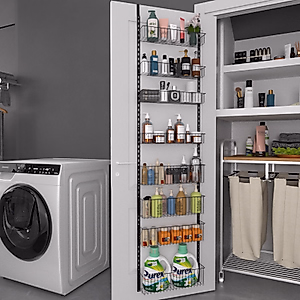 Shengsite 8-Tier Over the Door Pantry Organizer, Heavy-Duty Metal Pantry Door Organizer with 4 Long and 4 Short Baskets, Dual-use Hanging or Wall Mount Spice Rack Organizer, Black