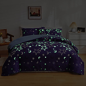Feelyou Galaxy Glow in The Dark Duvet Cover for Girls Kids Queen Purple Universe Starry Night Bedding Set Super Soft Outer Space Stars Moon Comforter Cover Set Girl Bedroom Glow Decor Bedspread Cover