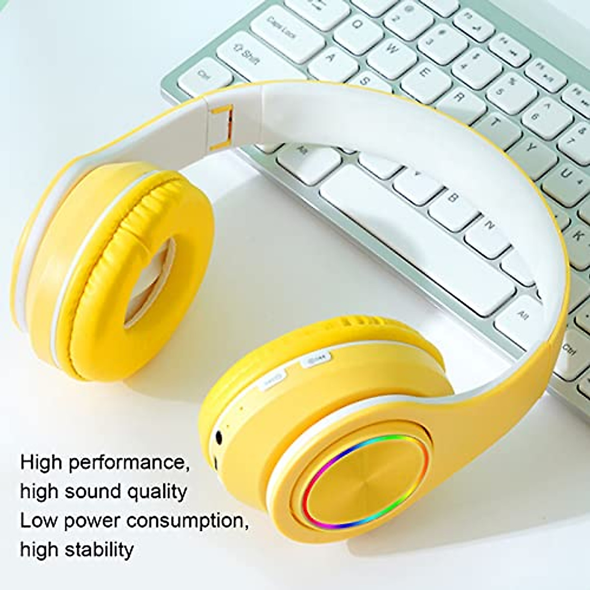 Cryfokt Noise Reduction Bluetooth Headset for Kids, Foldable Over Ear Headphone Wireless Wired Headphones with Colorful Light for Phone, Laptop, Tablets, Online Learning(Yellow)