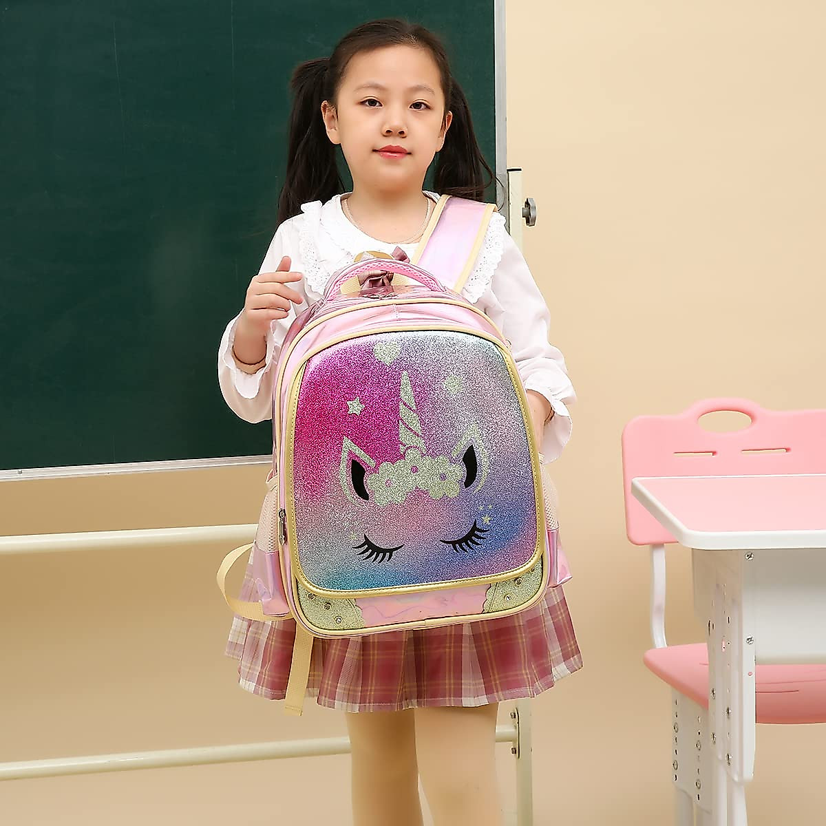 Mloovnemo Girls Elementary Primary School Bag Unicorn Backpack Diamond Glitter Princess School Backpack Large Capacity(Large, Unicorn Pink)
