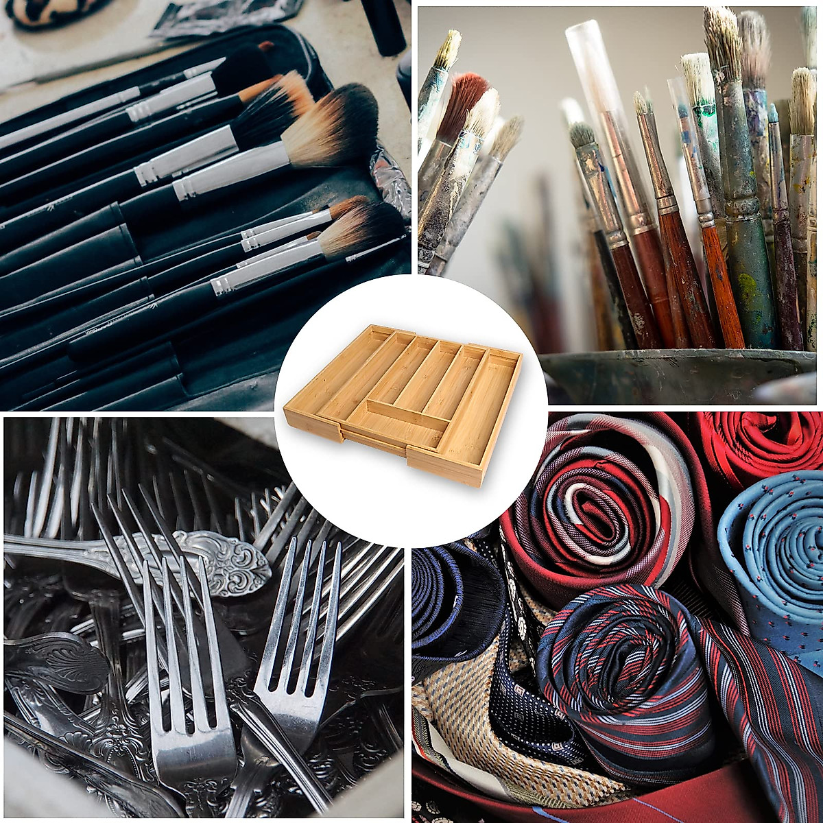 BIGTREE Bamboo Cutlery Expandable Drawer Organizer, Silverware Tray Organizer, Recessed Dividers, Wooden Drawer Divider Organizer, Adjustable Size to 15.35 x 14.17 x 1.97 Inches for Kitchen Utensils.