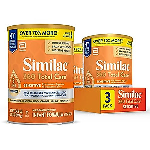 Similac 360 Total Care Sensitive Infant Formula for Fussiness & Gas Due to Lactose Sensitivity, Has 5 HMO Prebiotics, Non-GMO,‡ Baby Formula Powder, 34.9-oz Value Can, Pack of 3
