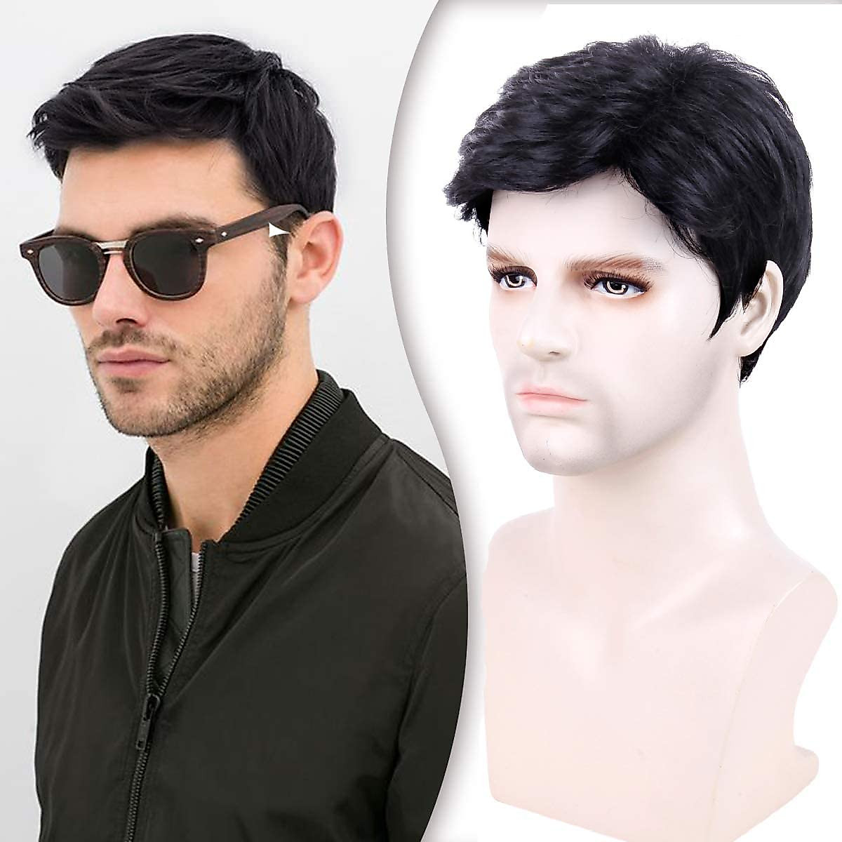 Creamily Mens Wig Short Hair, Mens Hair Replacement Wigs Realistic Mens's Black Wig for Men Synthetic Hair Full Wig for Male Guy Christmas Daily Wear