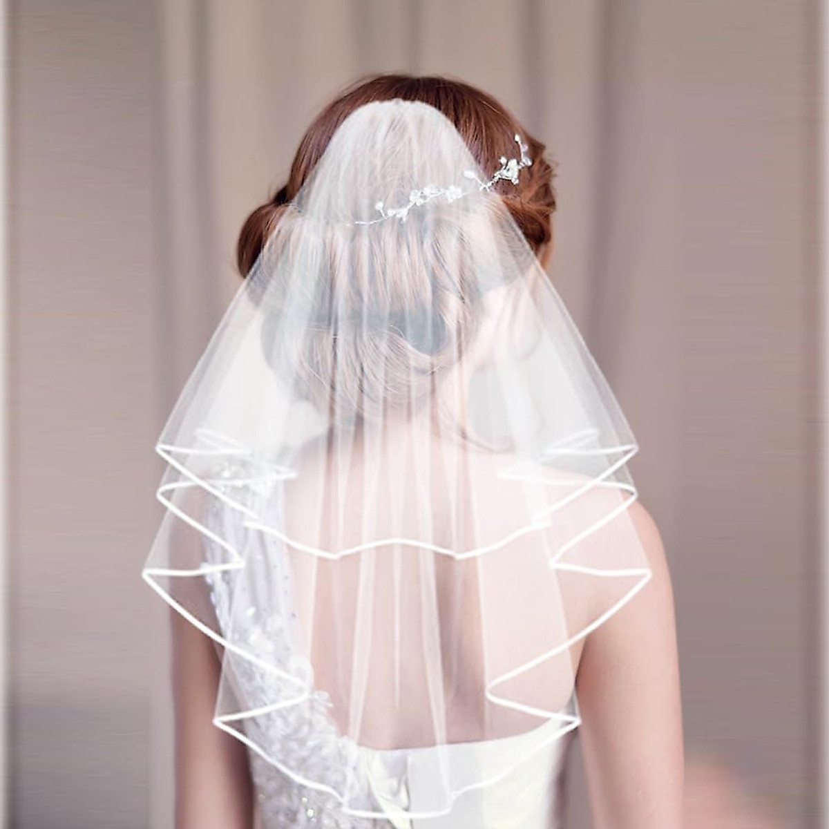 Echodo Bridal Wedding Veil White Double Ribbon Edge Center Cascade Bridal Veil with Comb Wedding Accessories