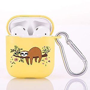 JOYLAND Yellow Case Cover for AirPod 1&2 w/Keychain Ring Carabiner Clip,Lovely Sloth Case Wireless Earphone Case Smooth Anti-dust Silicone Protective Cover Soft Skin Cute Case fr AirPods 1 & 2