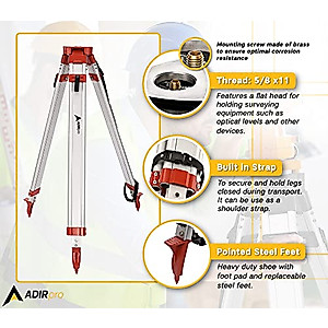 AdirPro Universal Survey Tripod – Aluminum Laser Level Tripod – Transit Level Tripod - Quick Clamp - Heavy Duty Contractor Tripod 5/8” x 11” Thread (Orange)