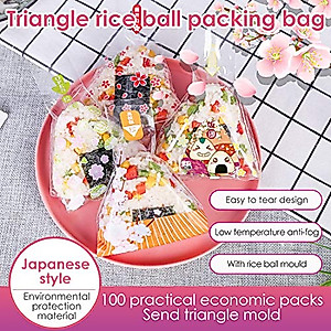 Onigiri Mold, Cute food bag Fashionable sushi bag rice ball packing bag Anti-fog bag Easy tear Sushi packaging bag 100pcs Send stickers 2 triangle molds