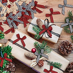120 Pieces Christmas Mini Plaid Ribbon Bows Natural Burlap Bow Checkered Gingham Black Red Plaid Bow Black White Buffalo Plaid Bow and Handmade Burlap Bow for Christmas Tree DIY Crafts Home Decor