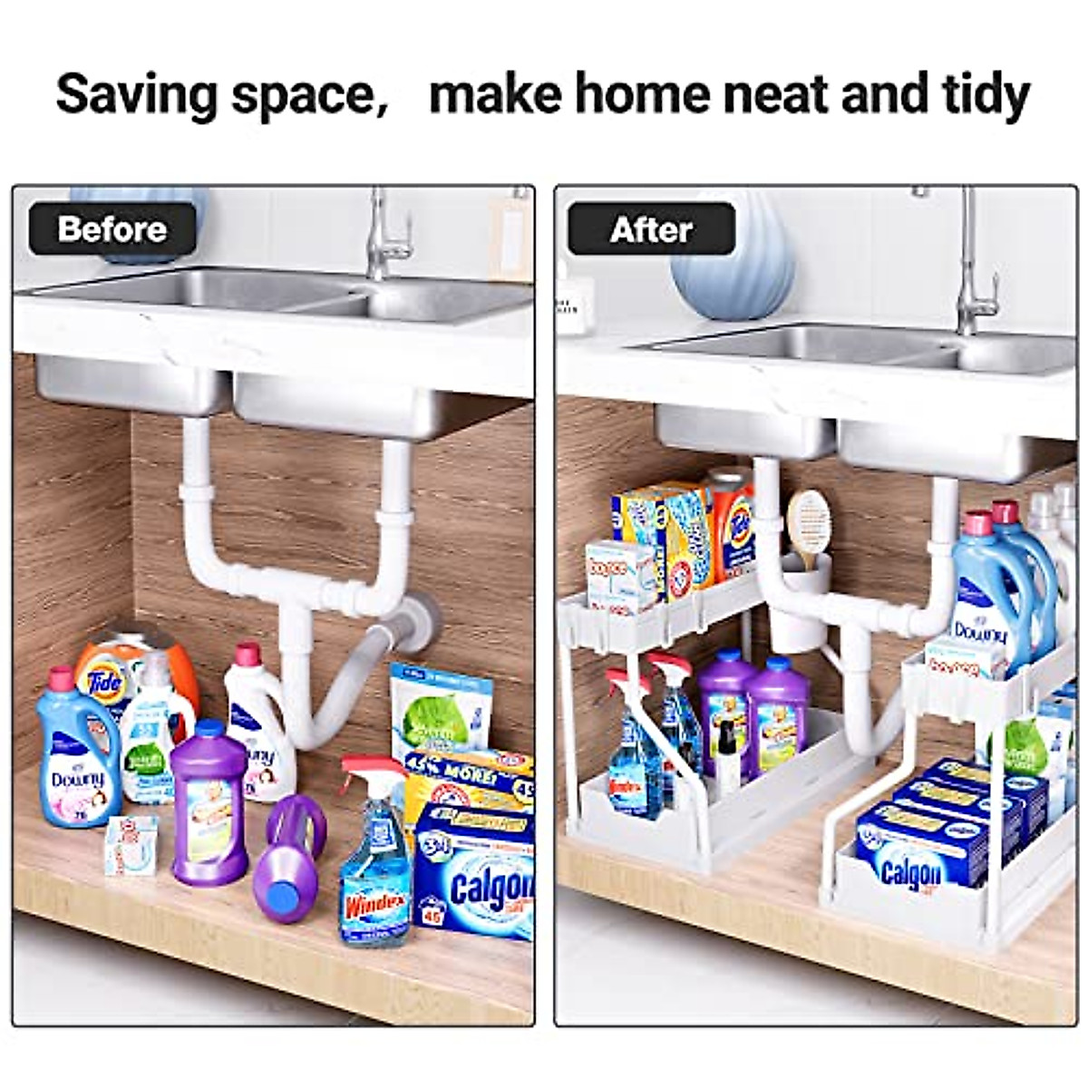 Puricon 2 Pack Under Sink Organizer, 2-Tier L-Shape Sliding Under Sink Organizers and Storage, Under Counter Storage Organizer Pull Out Under Sink Storage for Kitchen Bathroom -White