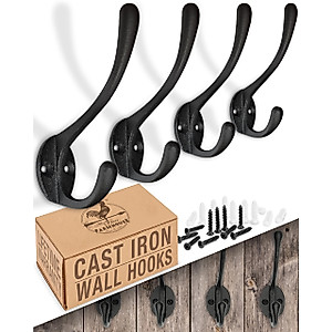 My Fancy Farmhouse Rustic Cast Iron Coat Hooks (4 Pack) Wall Mounted Farmhouse Decorative Wall Hooks, Vintage Hooks for Hanging Coats, Bags, Hats, Towels (Powder Coated Black)