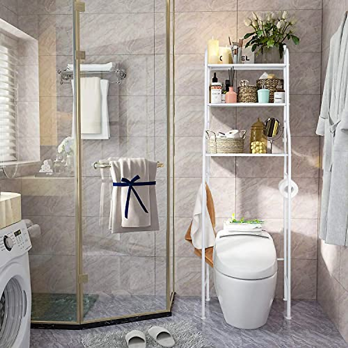 Over The Toilet Storage Rack,3-Tier Industrial Bathroom Storage Shelf With Steel Frame Above Toilet Storage Shelf Floor Free Standing Anti-Tilt Metal Frame Shelf Organizer Bathroom Furniture,White