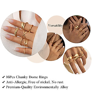 HAIAISO 16Pcs Gold Done Chunky Rings for Women 18K Gold Plated Adjustable Braided Twisted Round Signet Statement Rings Open Stackable Rings set Size 5-9