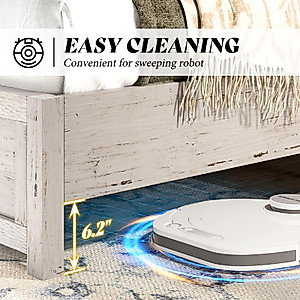 AMERLIFE Farmhouse Queen Size Bed Frame with 49" Fluted Headboard, Platform Bed with Natural Wood Grain, No Box Spring Needed/Noise Free, Distressed White