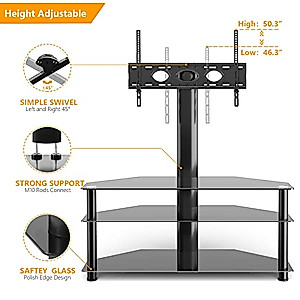 5Rcom Corner TV Stand，TV Stand with Mount with 3 Tier Tempered Glass Shelves for 32-75 Inch TVs, Max VESA 600X400mm, Television Stand