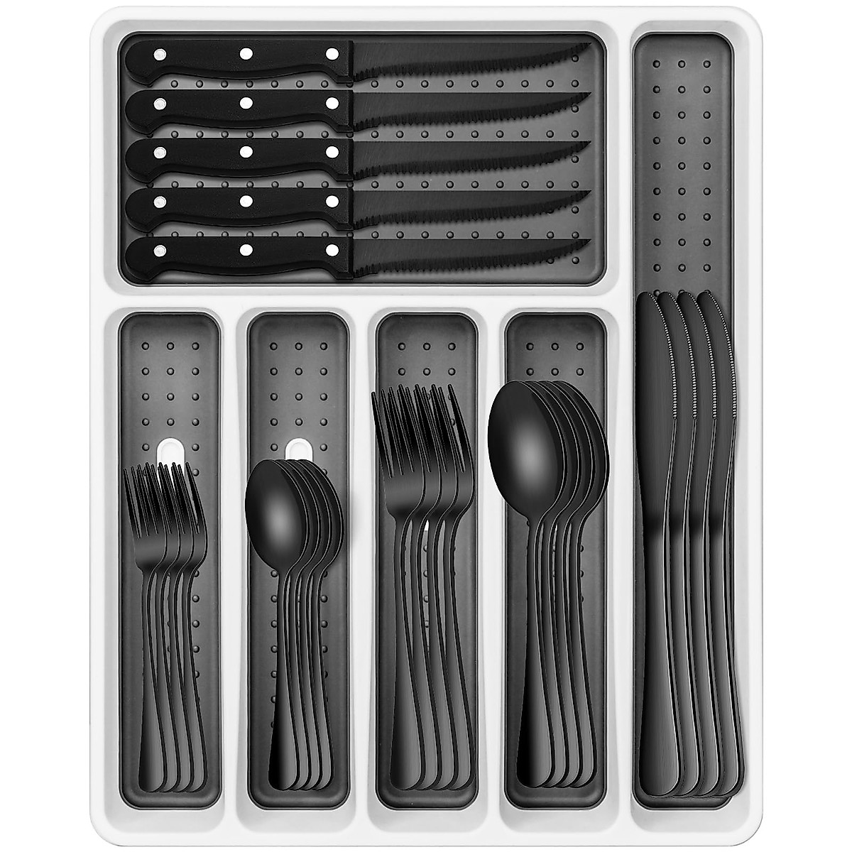 Black Silverware Set, Umite Chef 49-Piece Flatware Set with Drawer Organizer, Durable Stainless Steel Cutlery Set for 8, Tableware Eating Utensils with Steak Knives, Utensil Sets for Home Restaurant