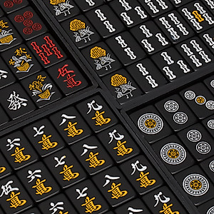 Yellow Mountain Imports Japanese Riichi Mahjong Set - Black Standard Size Tiles and Vinyl Case - with East Wind Tile, Set of Scoring Sticks, & Dice