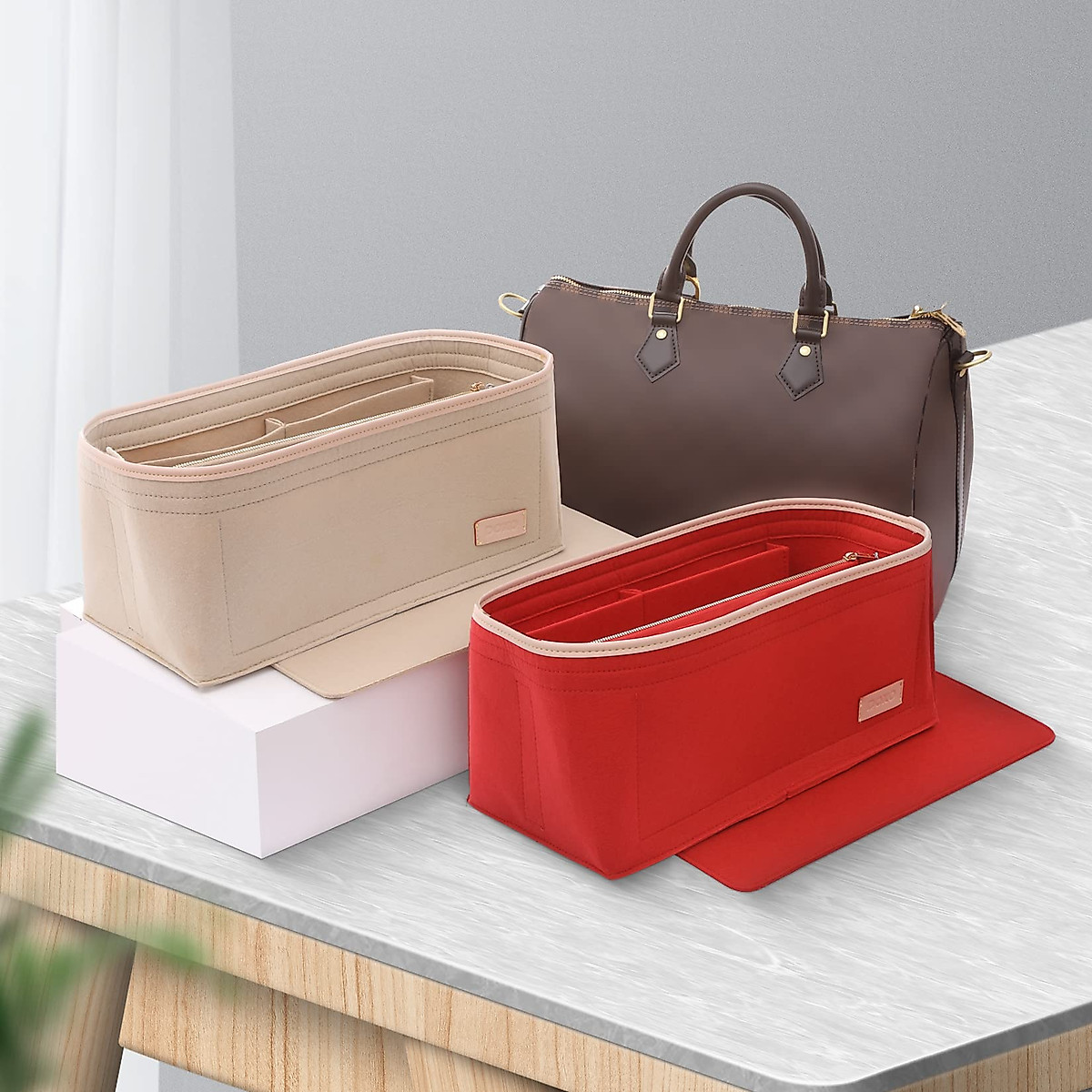 Doxo Purse Organizer Insert for Handbags & Base Shaper Combination,Tote Bag Organizer Insert with 6 Sizes,Compatible with LV Speedy & Neverfull ON THE GO and More (L-Beige)