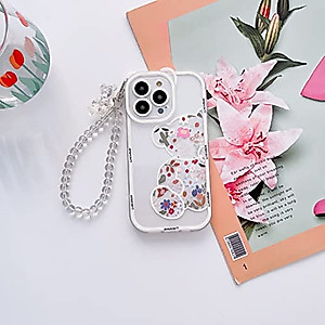 Shinymore for iPhone 13 Pro Max Case,Cute Flowers Bear Camera Protector Clear Case with Lovely Strap Bracelet Chain Girls Women Case for iPhone 13 Pro Max