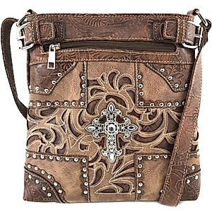 Justin West Western Laser Cut Rhinestone Silver Cross Messenger Handbag with CrossBody Strap (Beige Brown)