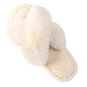 Tonchberry Cross Band Faux Fur Fuzzy Slippers for Women Plush Fluffy Furry Open Toe Slide Slipper for Women Cozy Memory Foam Anti-Skid Sole Indoor Outdoor House Home Bedroom Slippers for Women