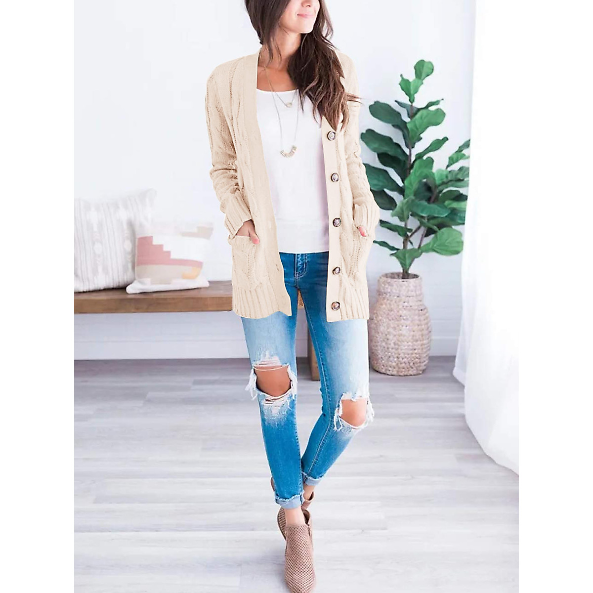 PRETTYGARDEN Women's Open Front Cardigan Sweaters Fashion Button Down Cable Knit Chunky Outwear Coats (Beige,Small)