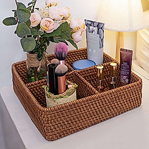 Rattan Basket Compartments Square Divided Organizer 4-Section for Shelves 12 x 12 x 3.5 in Divided Basket Wicker Toilet Paper Basket for Storage Organizing Bathroom(4-Divider, Dark Brown)