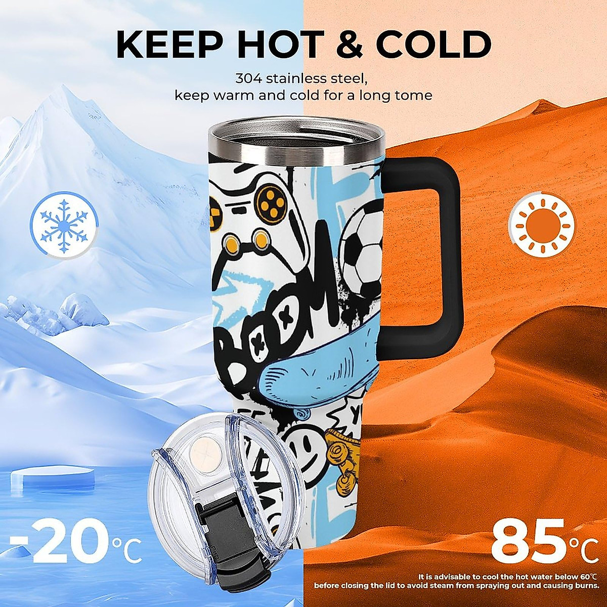 Niapessel Leak Proof Tumbler, Insulated Water Bottles with Straw, Skateboards And Graffiti Words Insulated Cup with Handle 40 Oz Stainless Steel Flask for School, Travel, Car, Sports, Work