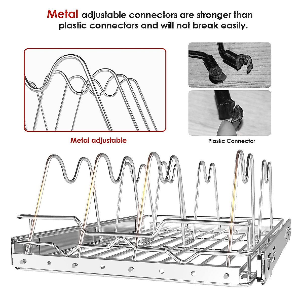 BONADOM 1 Tier Pull Out Pot and Pan Organizer Under Cabinet Kitchen, Slide Out Cookie Shelf Cutting Board Bakeware and lids Tray Storage 11''W x 21''D x 8.5''H- Sliding Pan and Pots Lid Holder