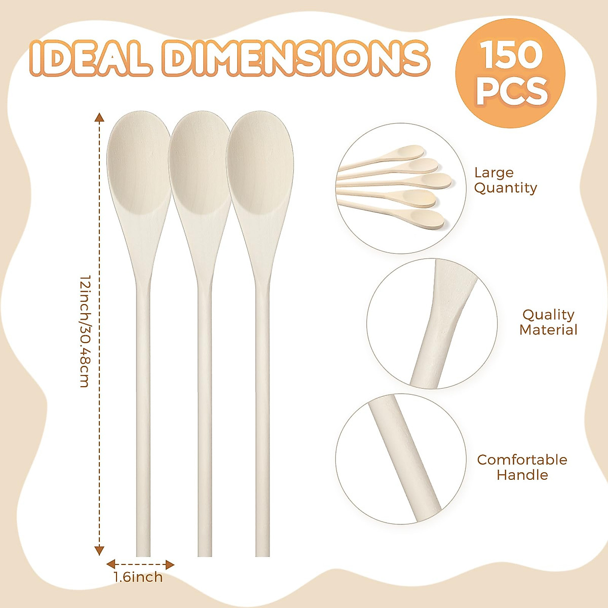 Mifoci 150 Pack 12 Inches Long Wooden Spoons for Cooking Long Handle Wood Spoons Kitchen Honey Spoons Mixing Stirring Tasting Serving Utensils Puppets for Eating Cooking Baking Crafts
