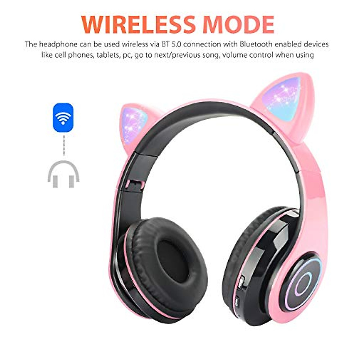 Niaviben Headphones Over-Ear Bluetooth 5.0 Wireless Cat Ear Headphones LED with Mic Headphone Support Wire and Wireless Mode for Kids and Girls Black