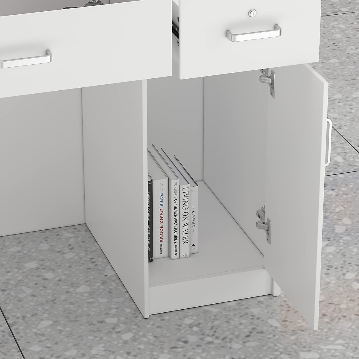 Homsee Modern Reception Desk with 3 Drawers, 1 Door Storage Cabinet & Hutch Shelf, Office Wooden Computer Desk, Writing Study Table PC Laptop Desk, White (47.3" L x 18.3" W x 43.3" H)