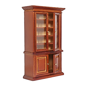 Miniature Dollhouse Display Cabinet - Dolls House Mini Furniture Glass Bookcase - 1/12 Scale (Medium Brown)