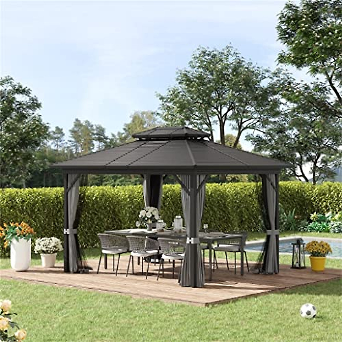 Generic 10 X12 Hardtop Gazebo Aluminum Frame Gazebo,Permanent Metal Roof W/Curtains Netting for Patio Lawn and Garden, Grey
