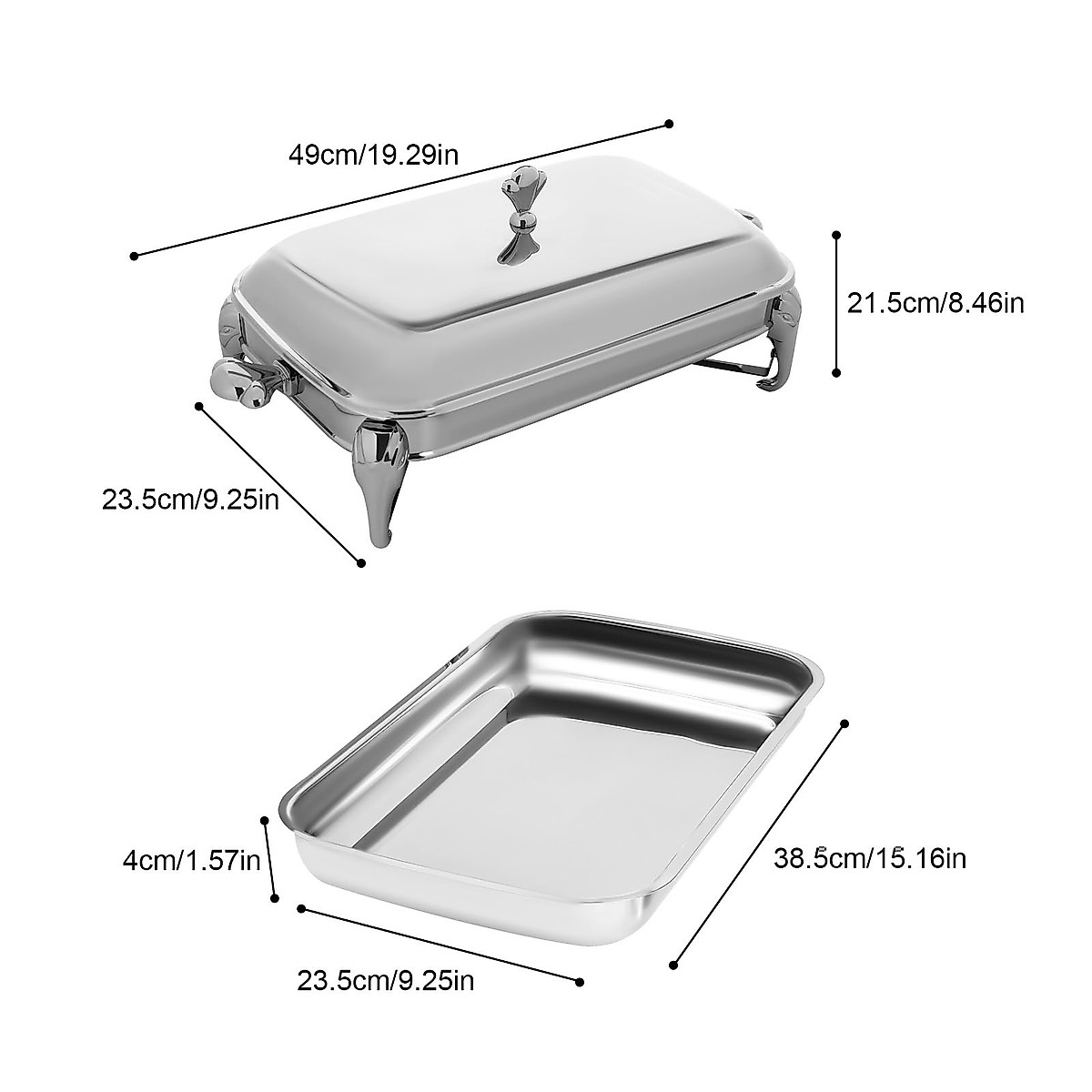 Chafing Dish Buffet Set Stainless Steel Chafing Servers with Handle and Lid Rectangular Food Warmer for Catering Event Birthday Party Buffet Food Warming Trays with Fuel Holder 2.9L, Silver