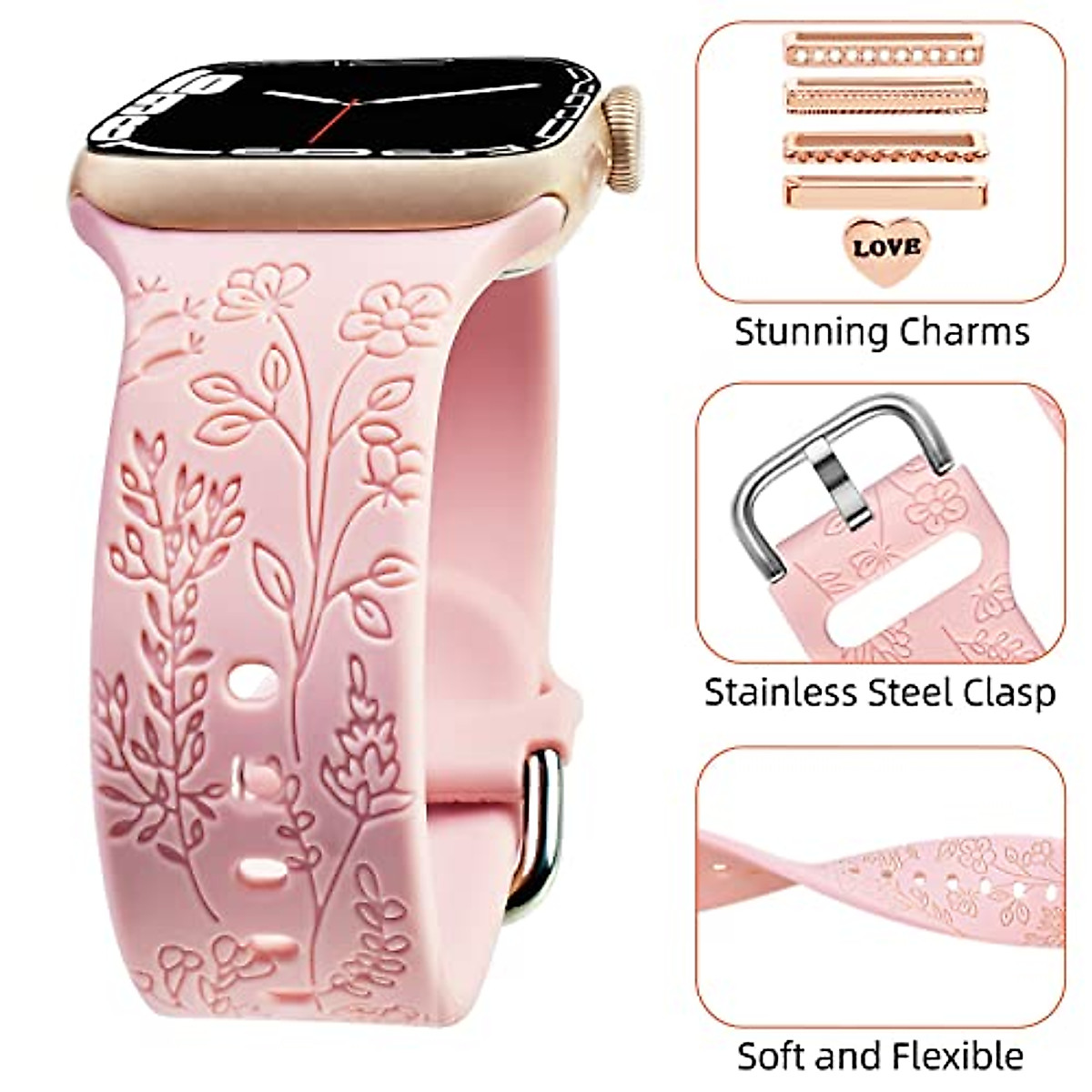 OULRAEFS Apple Watch Band with Charms (iWatch Bands Included) Compatible with Apple Watch Bands 38mm 40mm 41mm Series 8 7 SE 6 5 4 3 2 1 Floral Engraved Silicone Bands with Decorative Ring Loops Accessories, Pink
