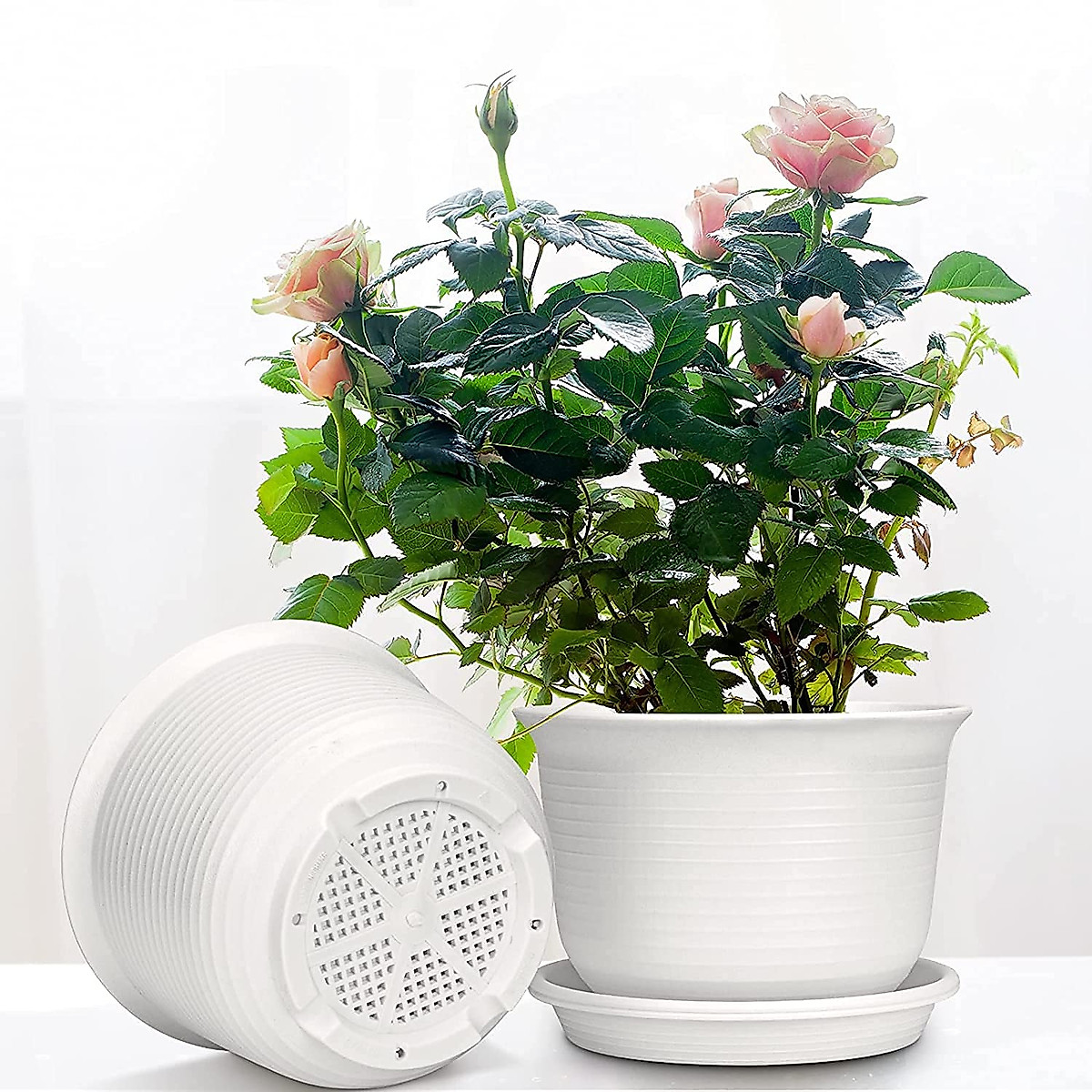 12 Inch 10 Inch 9 Inch Plant Pots, Rifny Extra Large Planters for Indoor Plants with Drainage Holes and Tray, Set of 3 Flower Pots Modern Decorative Planter for House Garden Plants and Flowers (White)