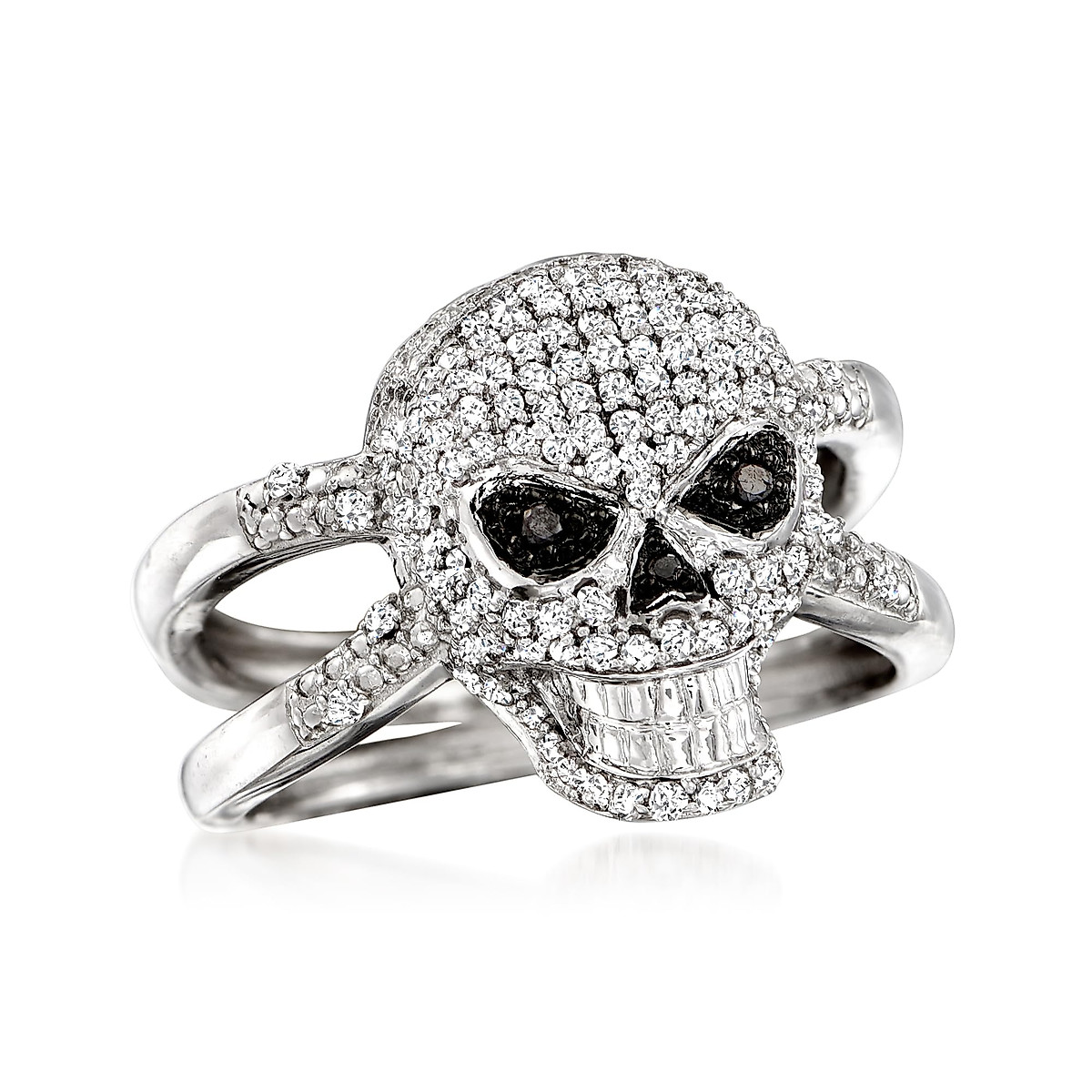 Ross-Simons 0.50 ct. t.w. Black and White Diamond Skull Ring in Sterling Silver. Size 5