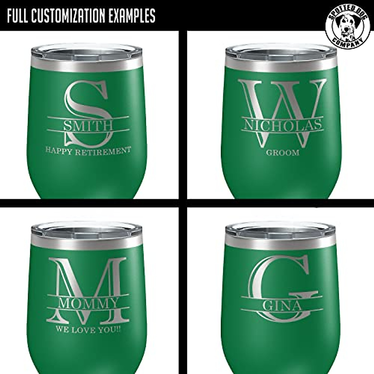 Personalized 12oz (17 Colors) Powder Coated Stainless Steel Stemless Wine Tumbler with Lid, Custom Etched, Customized Gift for Women Her, Wine Lover, Halpert Monogram Initial Name (Green)