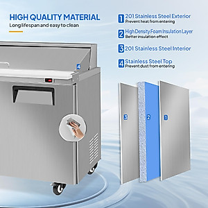 ROVSUN 48"W Sandwich & Salad Prep Table Refrigerator ETL NSF Certified, 13.1 Cu.Ft Commercial Refrigerator Salad Bar Stainless Steel w/18 Pans Cutting Board Lockable Wheels Double Doors for Restaurant