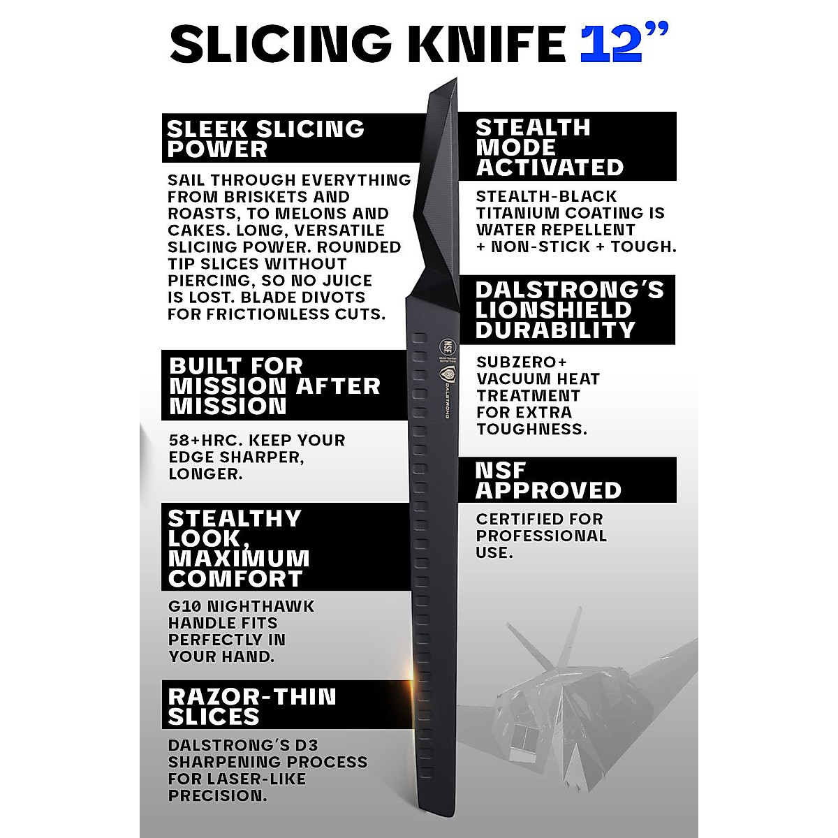 Dalstrong Slicing Knife - 12 inch - Shadow Black Series - Black Titanium Nitride Coated - High Carbon - 7CR17MOV-X Vacuum Treated Steel Carving Knife - Sheath - Kitchen Knife Slicer - NSF Certified